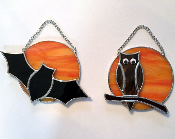 Handmade Stained Glass Full Moon With Owl or Bat - Etsy