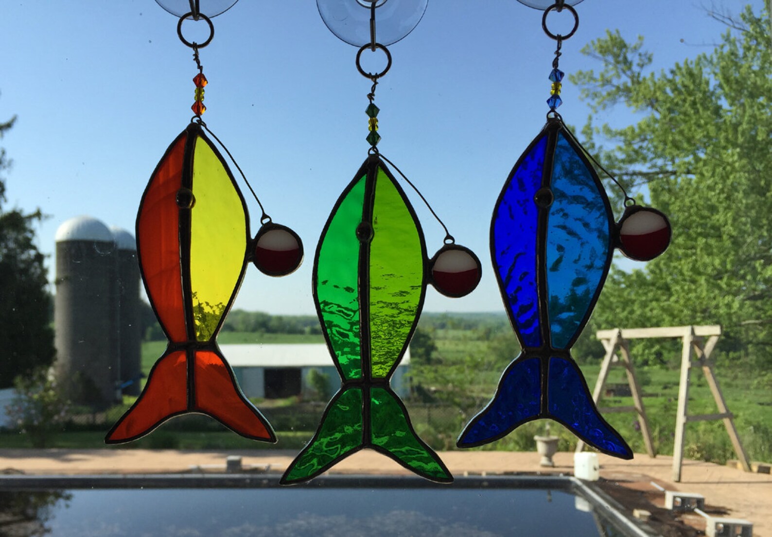 Handmade Stained Glass Fish With Tackle Suncatcher | Etsy