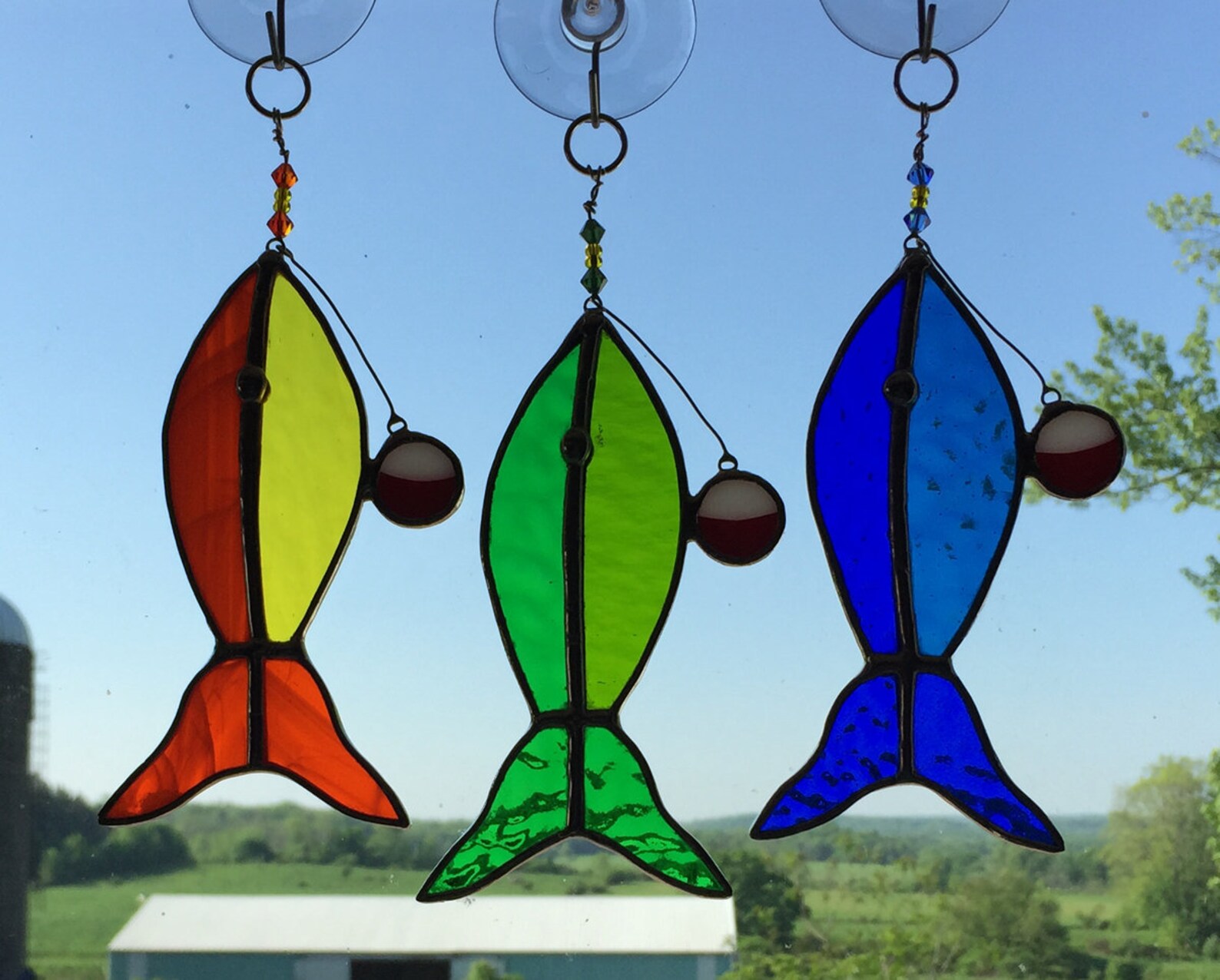 Handmade Stained Glass Fish With Tackle Suncatcher | Etsy