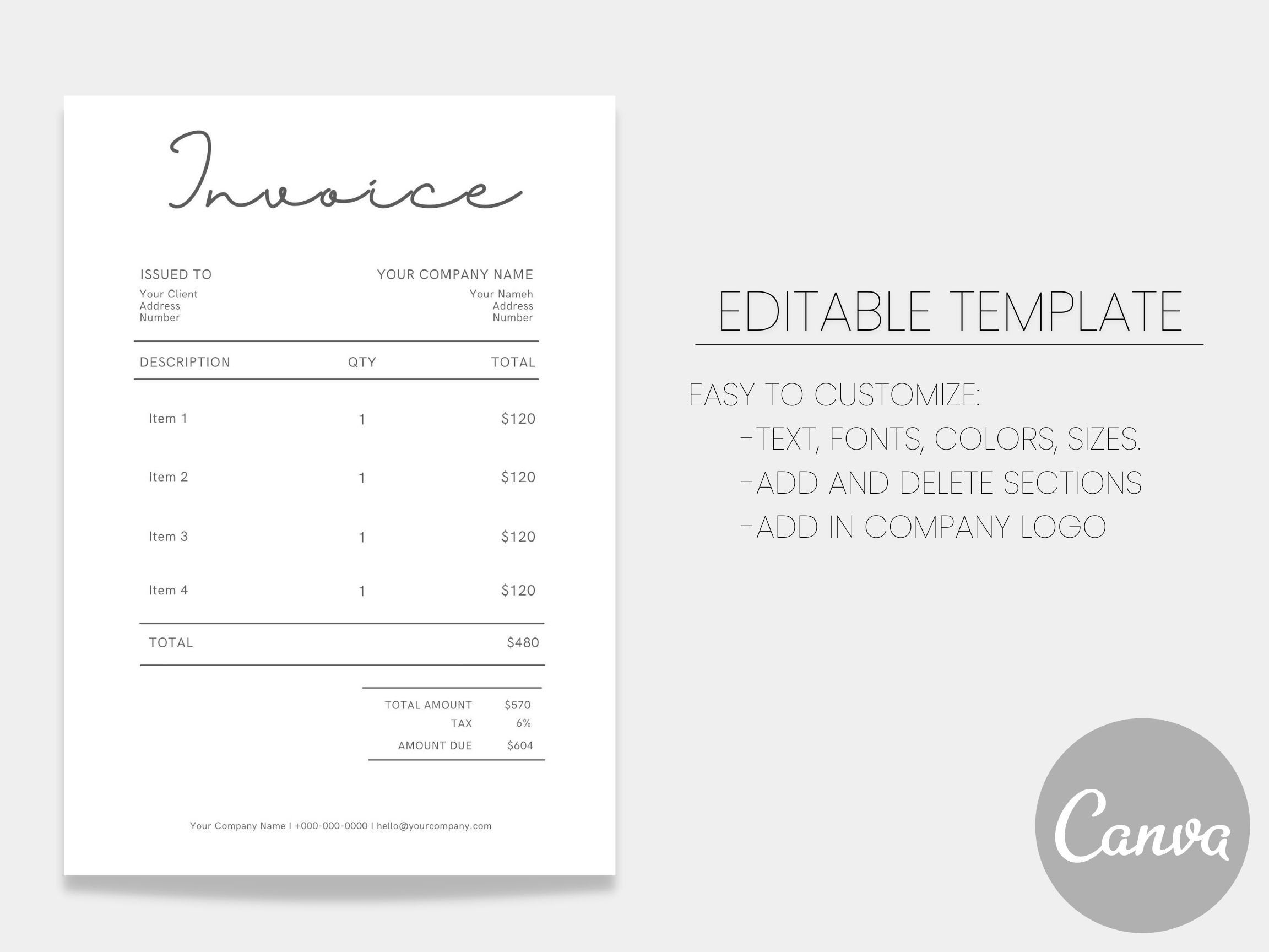 Canva Invoice Template, Business Invoice, Printable Invoice, , Custom ...