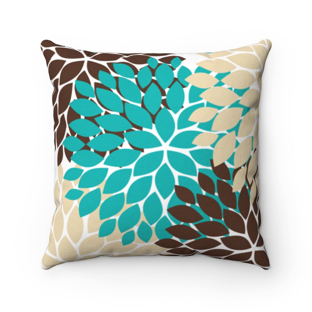 Throw Pillow, Turquoise Brown Tan, Flower Burst Pillow, Accent Pillow ...