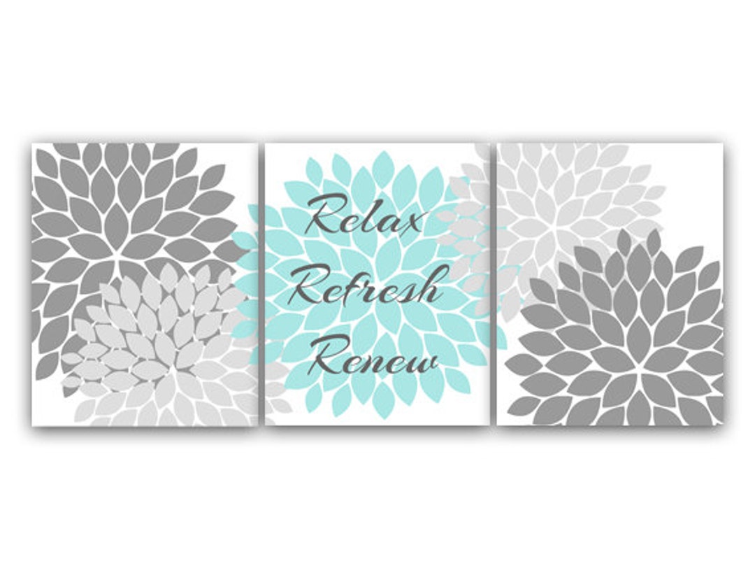 Relax Refresh Renew, Bathroom CANVAS Wall Art or PRINTS, Gray and Aqua ...