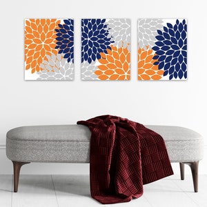 Orange and Navy Flower Burst Prints, Home Decor Wall Art, Navy Bathroom ...