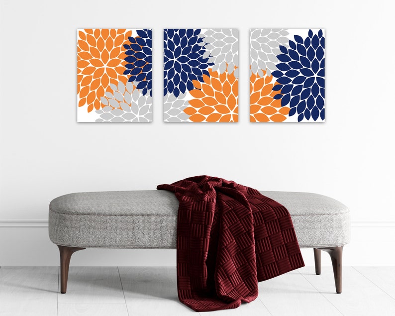 Orange and Navy Flower Burst Prints, Home Decor Wall Art, Navy Bathroom ...