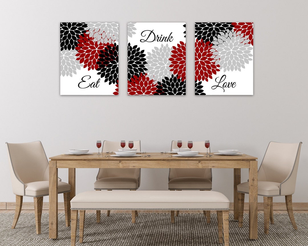 Red Kitchen Wall Art Prints Set of 3 Eat Drink Love Floral Home Decor ...