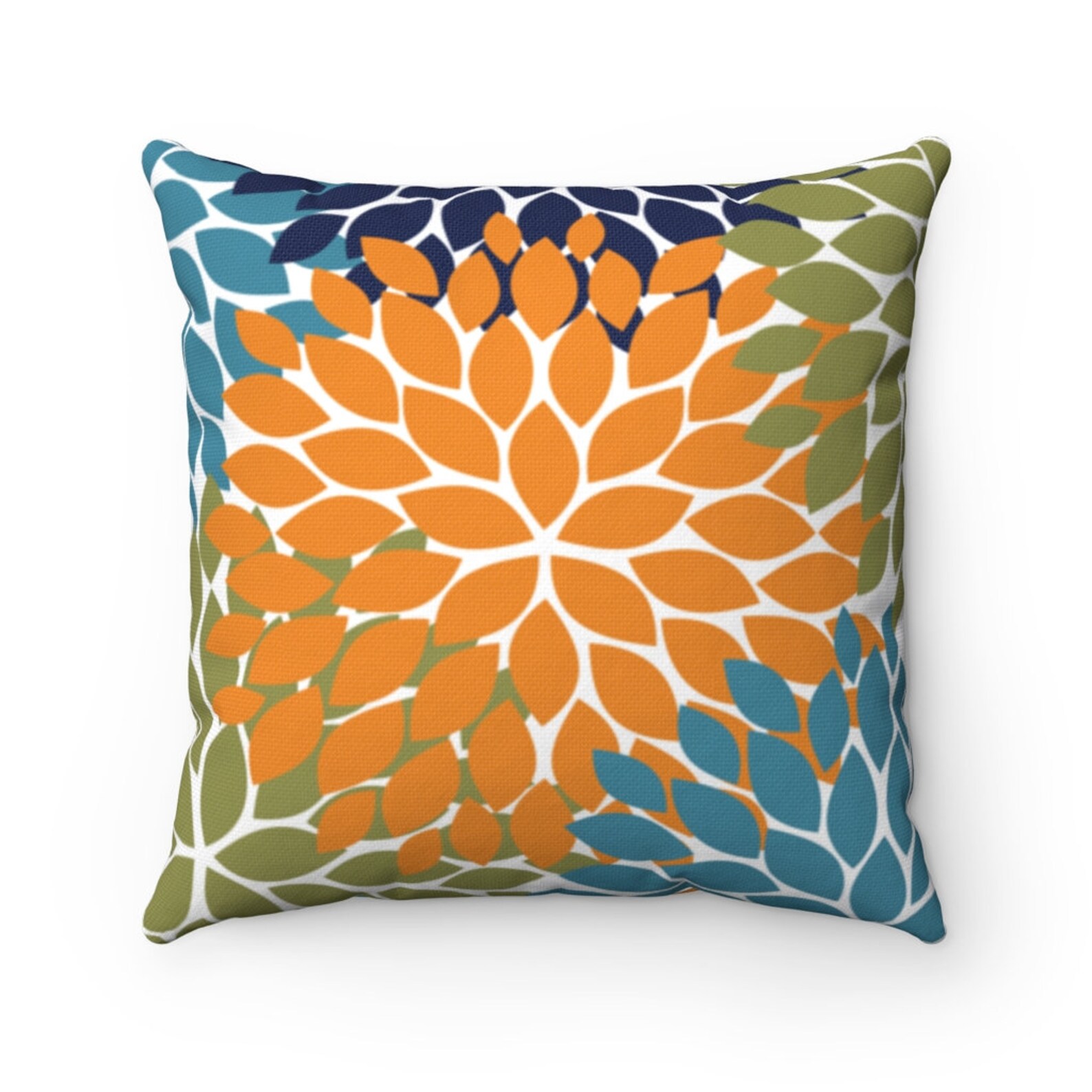 Green Blue Orange Flower Burst Throw Pillow, Green Pillow, Blue Floral ...