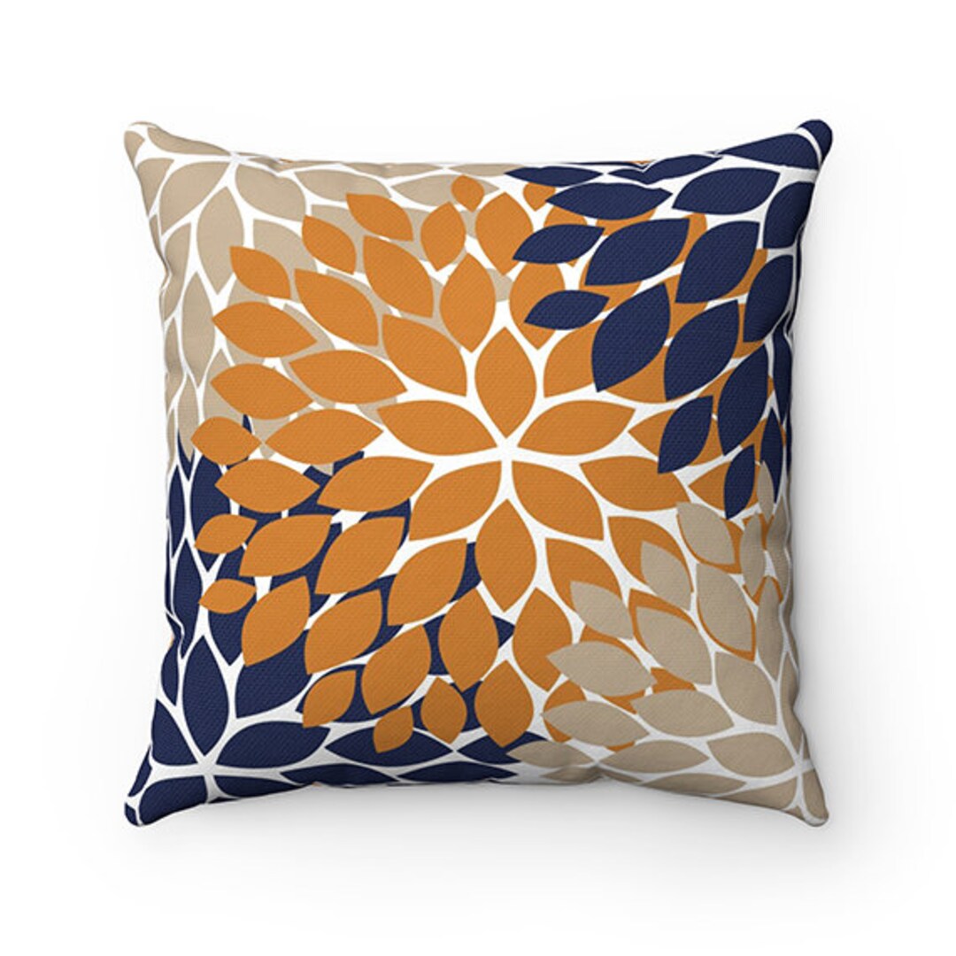 Navy Orange and Tan Flower Pillow Cover, Throw Pillow, Modern Home ...