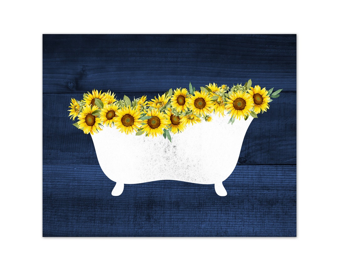 Sunflower Bathroom Decor, Blue Bathroom Wall Art Print or CANVAS ...