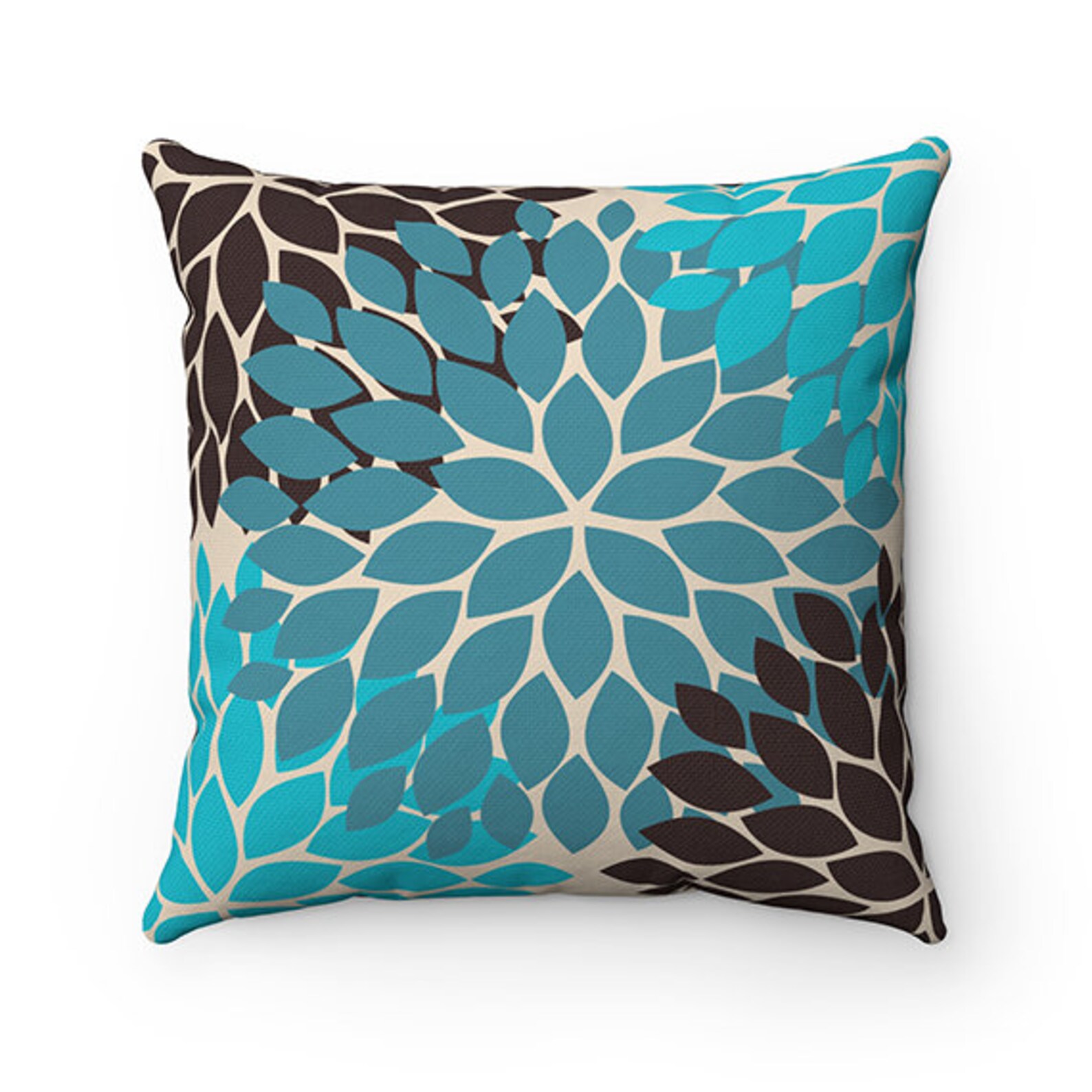 Throw Pillow Cover, Blue Teal Brown, Flower Burst Pillow Cover, Accent ...