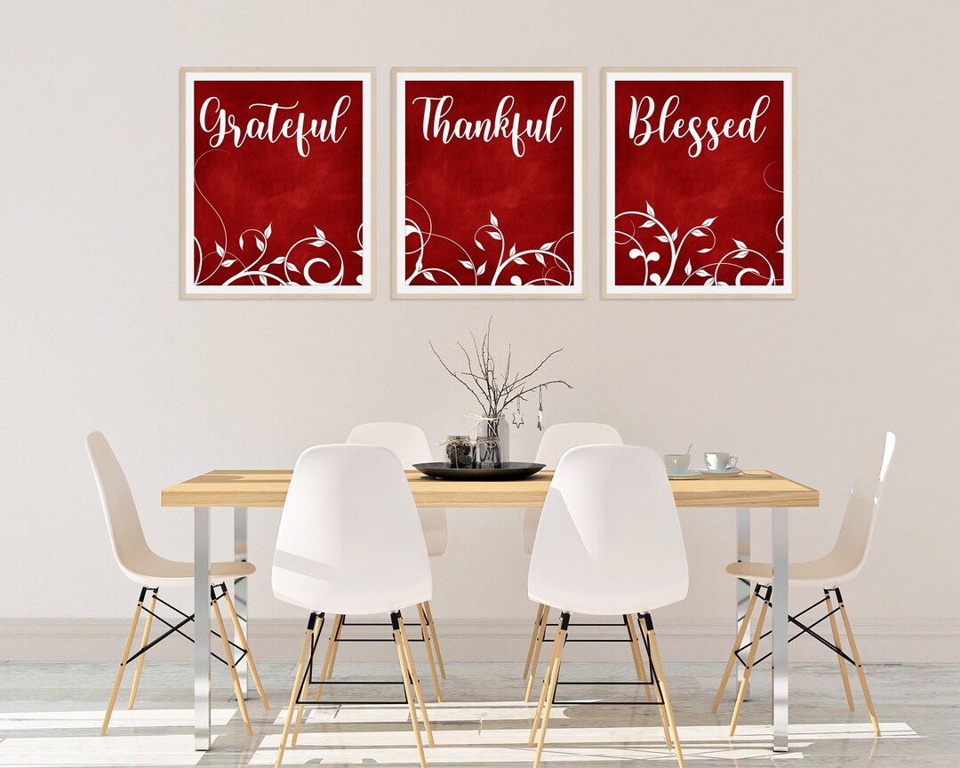 Red Kitchen Wall Art Prints Grateful Thankful Blessed, Mid Century ...