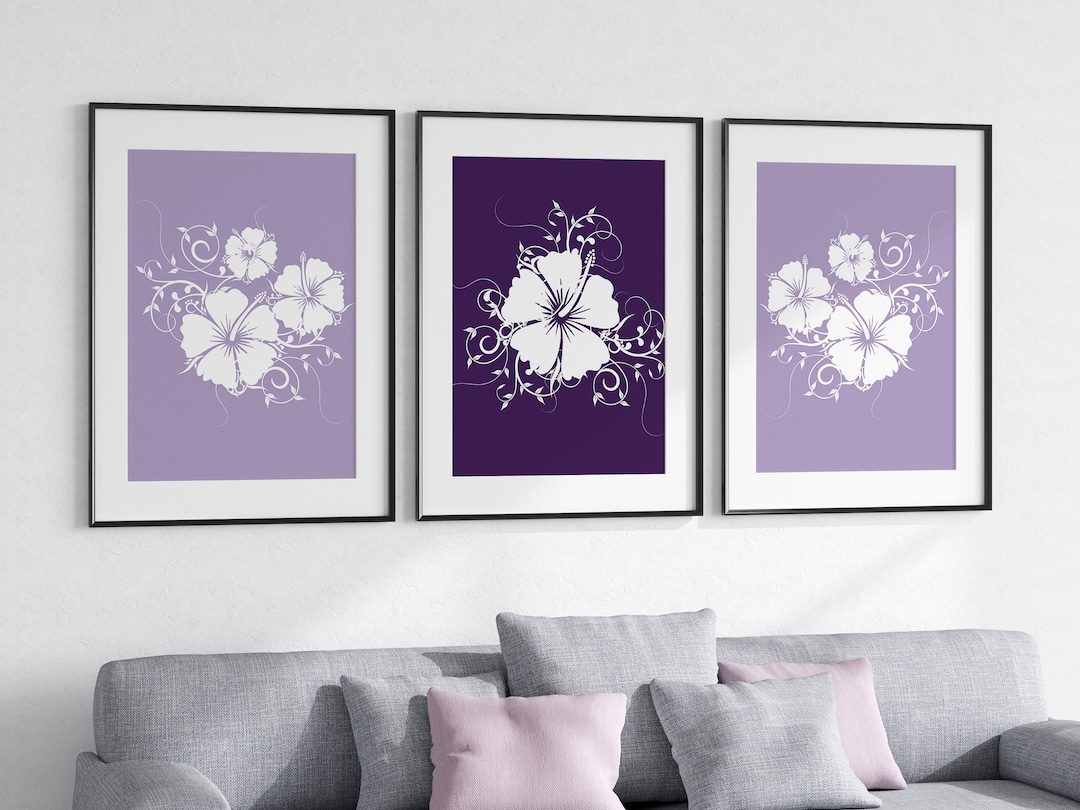 Purple Wall Art Prints Home Decor, Set of 3 Canvas Art, Framed Floral ...