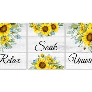 Bathroom Wall Art Prints, Set of 3 Sunflower Farmhouse Bath Art, Relax ...