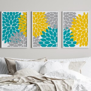 Yellow Teal Grey Flower Burst Art, Home Decor Wall Art CANVAS and ...
