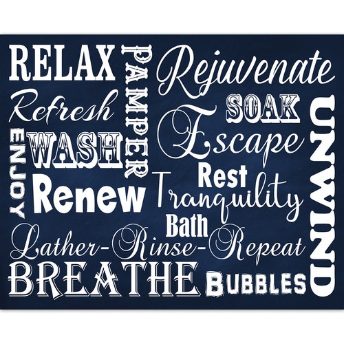 Navy Bathroom Word Cloud Art Relax Refresh Renew Soak Unwind - Etsy