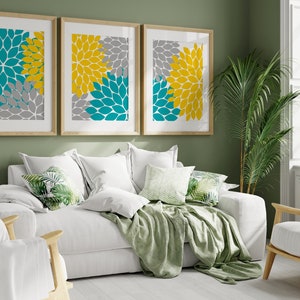 Yellow Teal Grey Flower Burst Art, Home Decor Wall Art CANVAS and ...