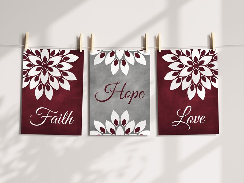 Faith Hope Love Canvas Prints, Burgundy Home Decor, 1 Corinthians 13:13 ...
