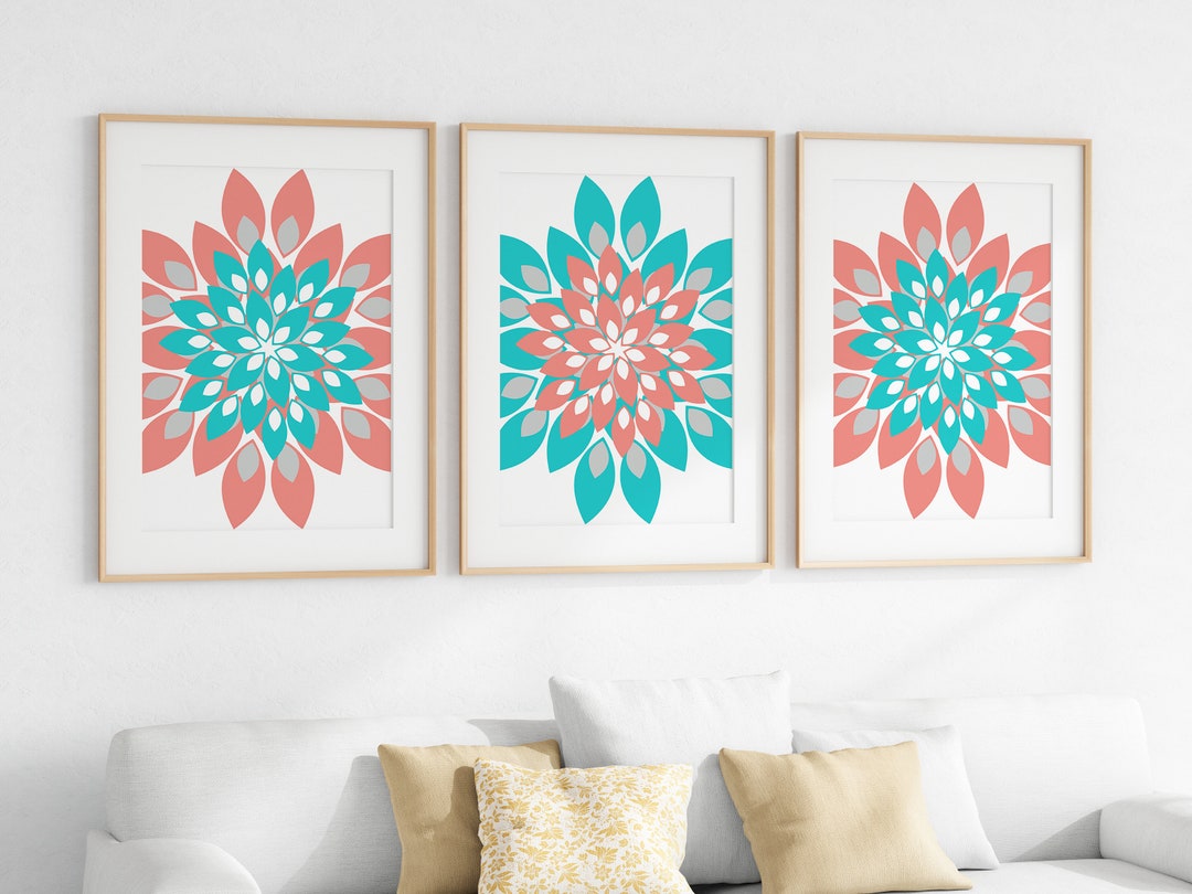 Aqua Peach Home Decor Wall Art Prints or Canvas, Coral and Blue Framed ...