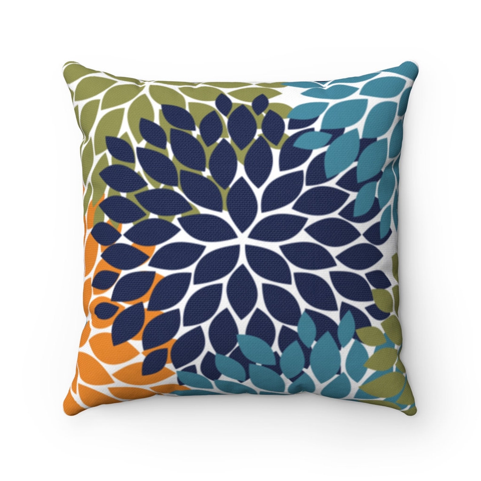 Green Blue Orange Flower Burst Throw Pillow, Green Pillow, Blue Floral ...
