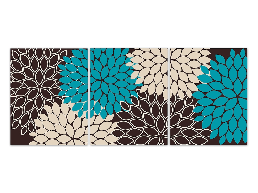 Teal and Brown Flower Burst Art, Home Decor Wall Art Prints or Canvas ...