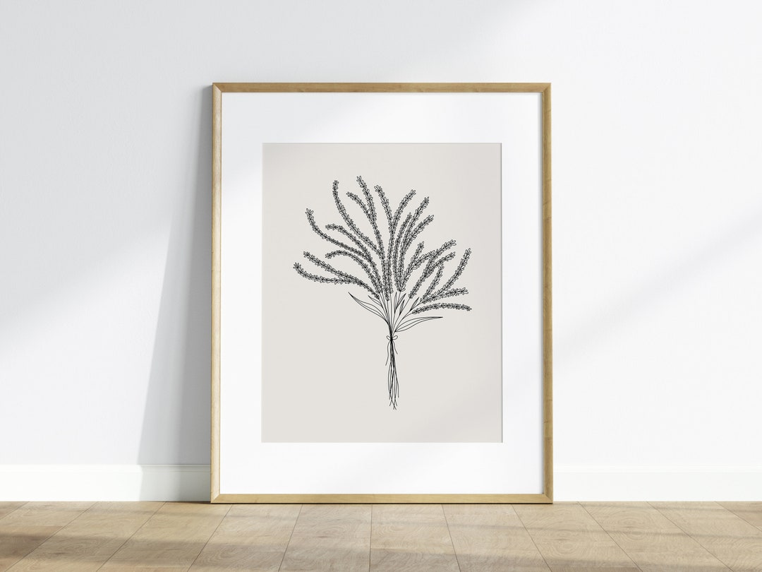 Boho Line Art Flower Print, Hand Drawn Lavender Bouquet Canvas or Print ...