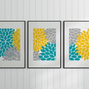 Yellow Teal Grey Flower Burst Art, Home Decor Wall Art CANVAS and ...