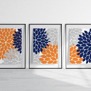 Orange and Navy Flower Burst Prints, Home Decor Wall Art, Navy Bathroom ...