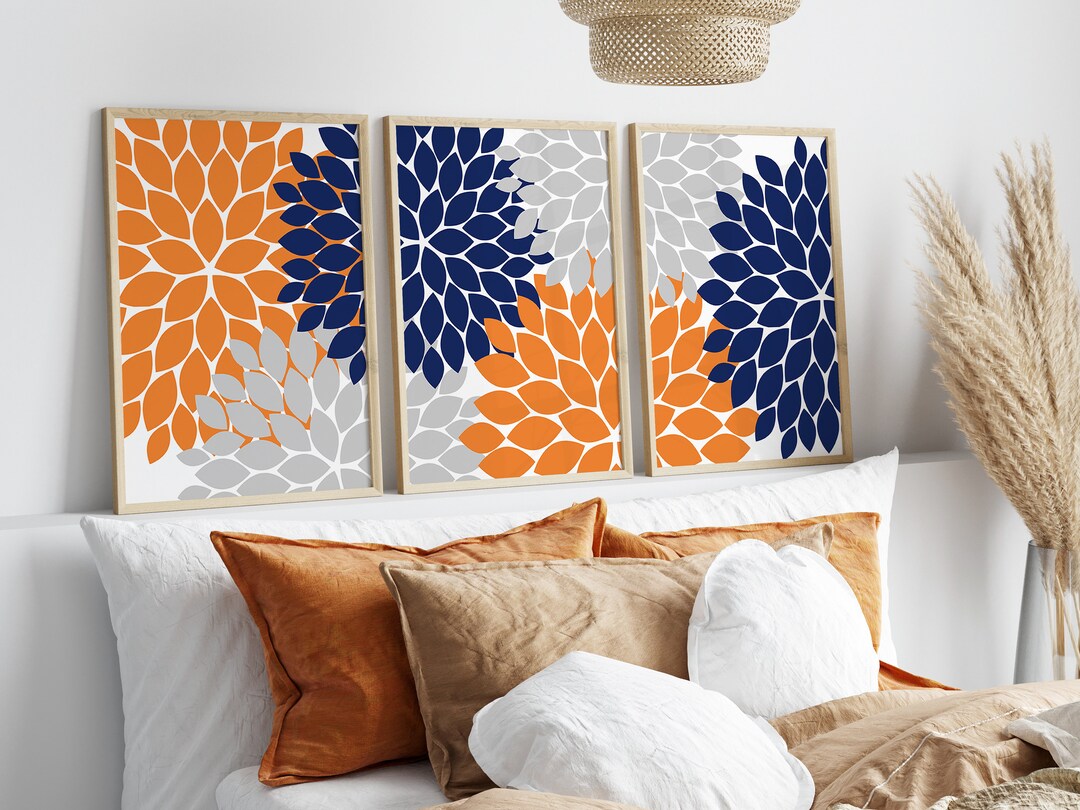 Orange and Navy Flower Burst Prints, Home Decor Wall Art, Navy Bathroom ...