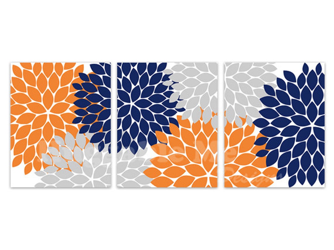 Orange and Navy Flower Burst Prints Home Decor Wall Art Navy - Etsy