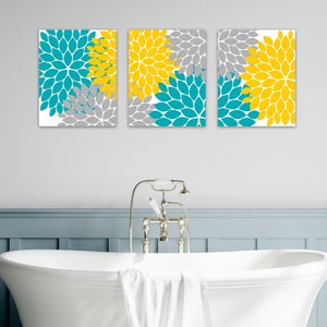Yellow Teal Grey Flower Burst Art, Home Decor Wall Art CANVAS and ...