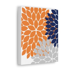 Orange and Navy Flower Burst Prints, Home Decor Wall Art, Navy Bathroom ...