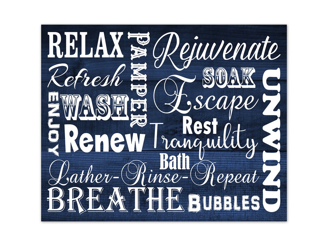 Blue Bathroom Word Cloud Art, Relax Refresh Renew Soak Unwind Breathe ...