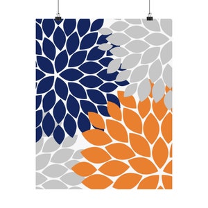 Orange and Navy Flower Burst Prints, Home Decor Wall Art, Navy Bathroom ...