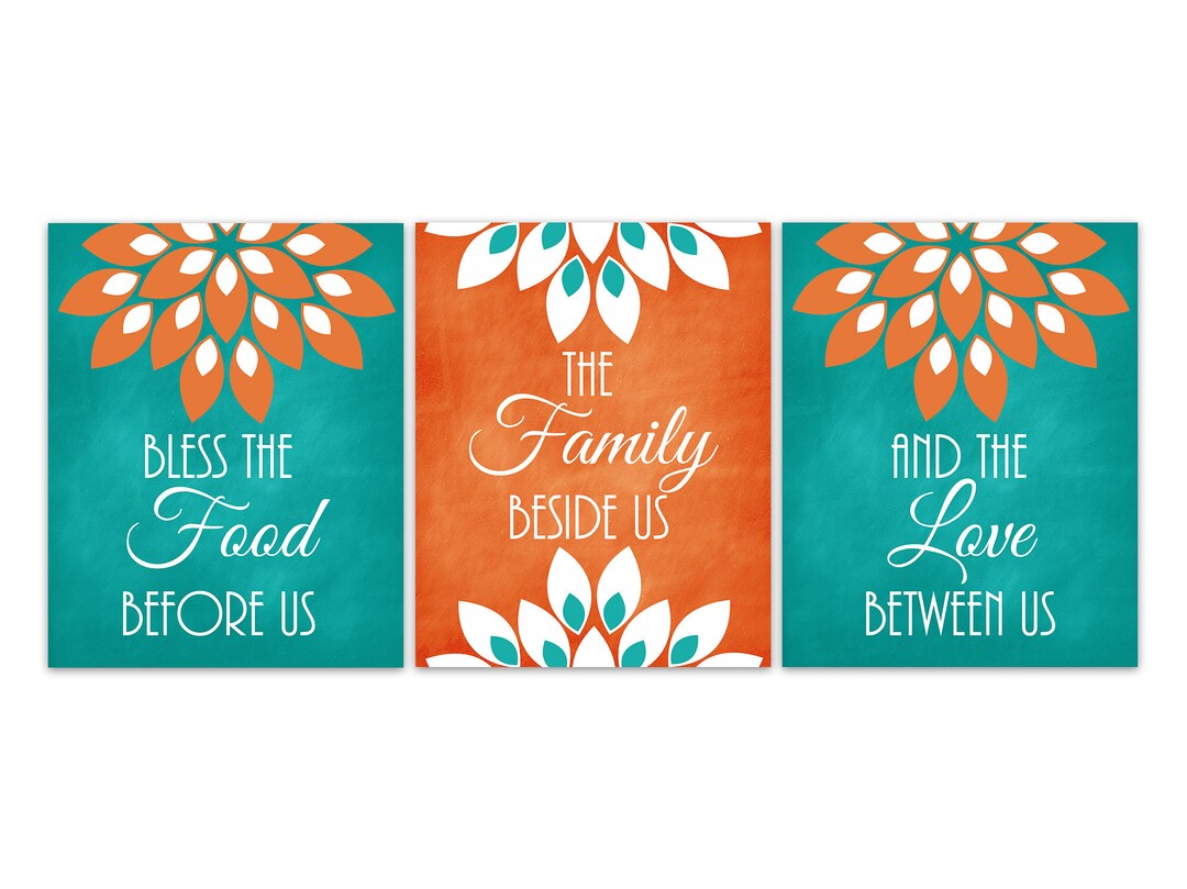 Orange and Teal Wall Art Prints for Dining Room, Bless the Food Before ...
