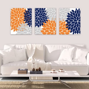 Orange and Navy Flower Burst Prints, Home Decor Wall Art, Navy Bathroom ...
