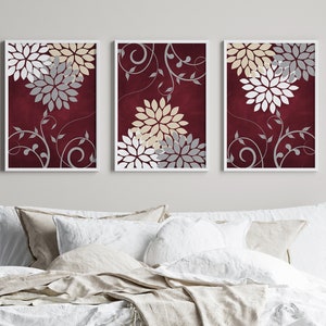 Burgundy Wall Decor, Burgundy Flower Burst Art, Home Decor Wall Art ...