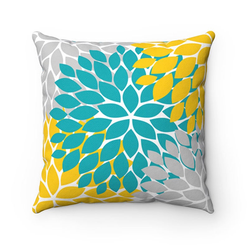 Teal Yellow Gray Flower Pillow Cover Throw Pillow Modern - Etsy