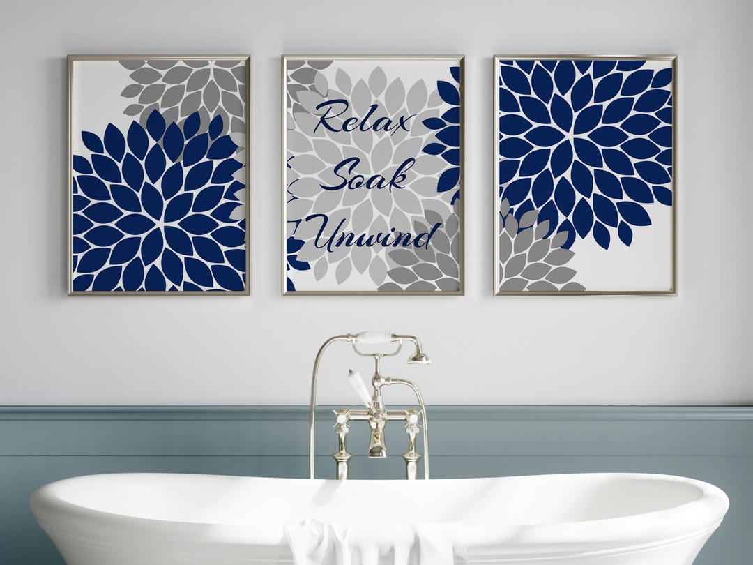 Bathroom CANVAS or PRINTS Wall Art, Relax Soak Unwind, Navy Grey ...