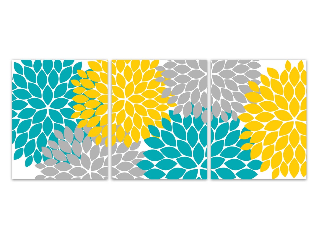 Yellow Teal Grey Flower Burst Art, Home Decor Wall Art CANVAS and ...