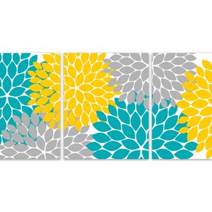 Yellow Teal Grey Flower Burst Art, Home Decor Wall Art CANVAS and ...