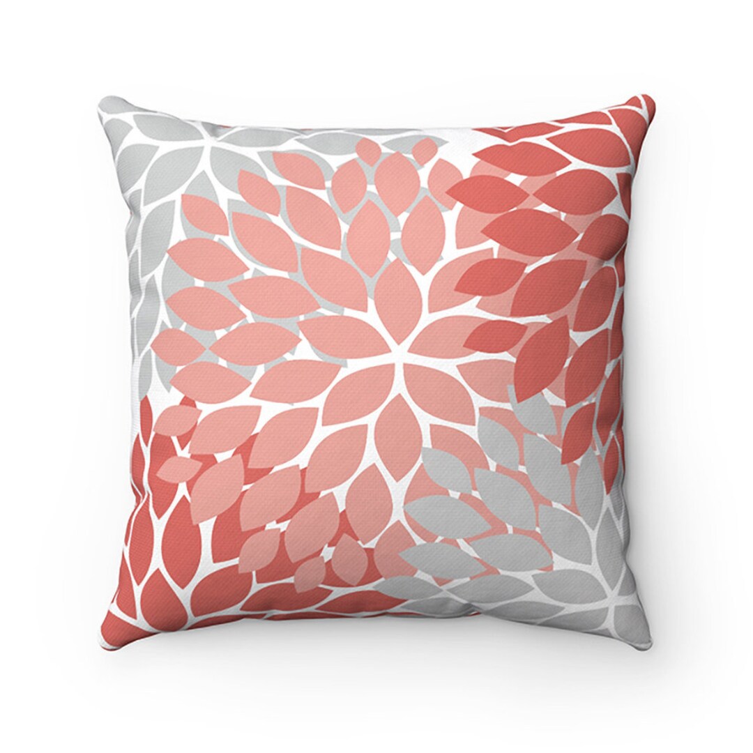 Coral OUTDOOR PILLOW, Coral & Gray Floral Pillow, Outdoor Accent Pillow ...