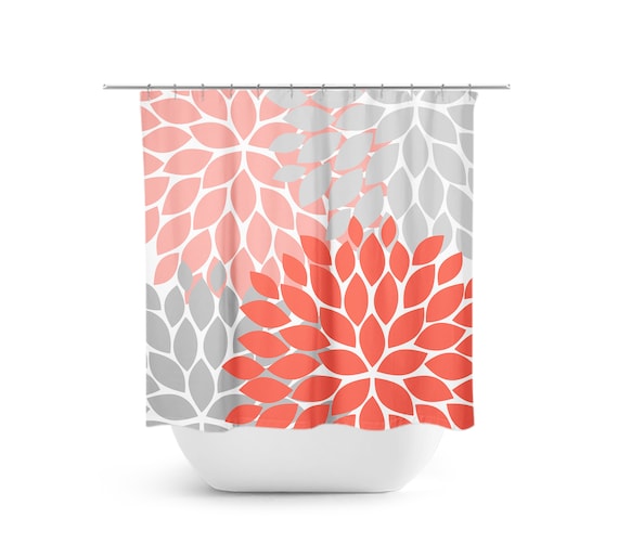 Coral and Gray Shower Curtain Floral Bath Curtain Orange Bathroom Fabric Shower Curtain Girls Bathroom Decor Coral Bathroom SHOWER59 Etsy
