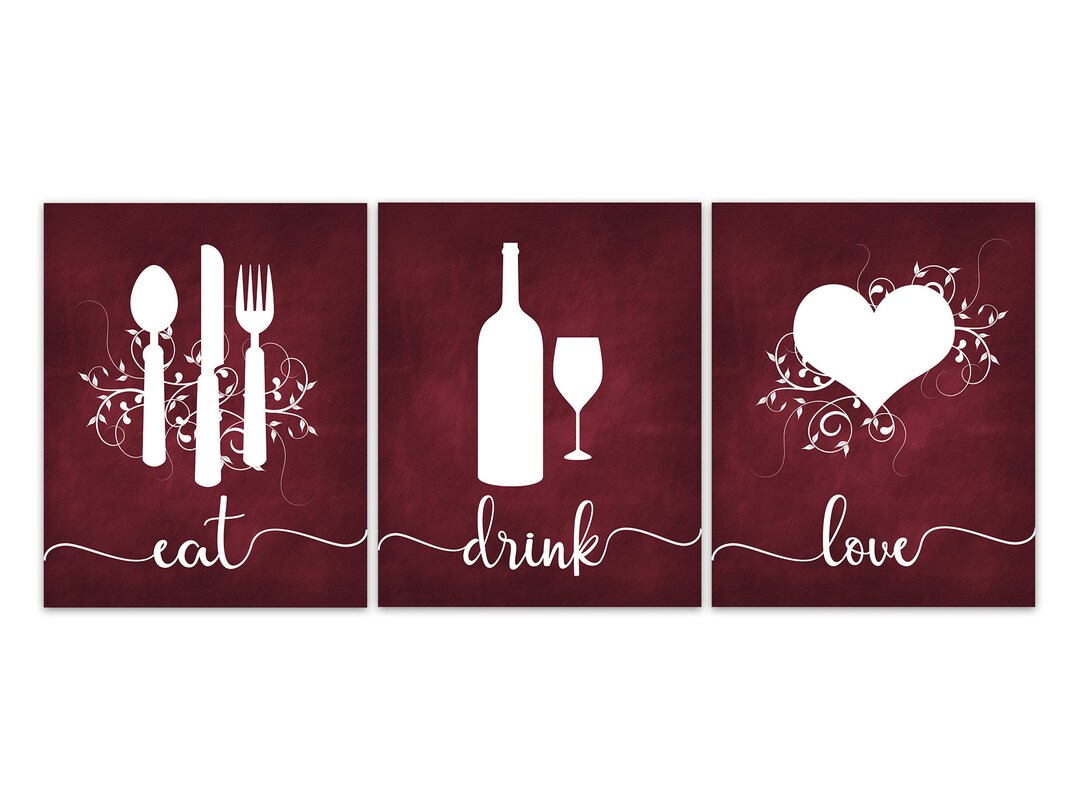 Dining Room Quote Eat Drink Love, Burgundy Dining Room Art, Fork Spoon ...