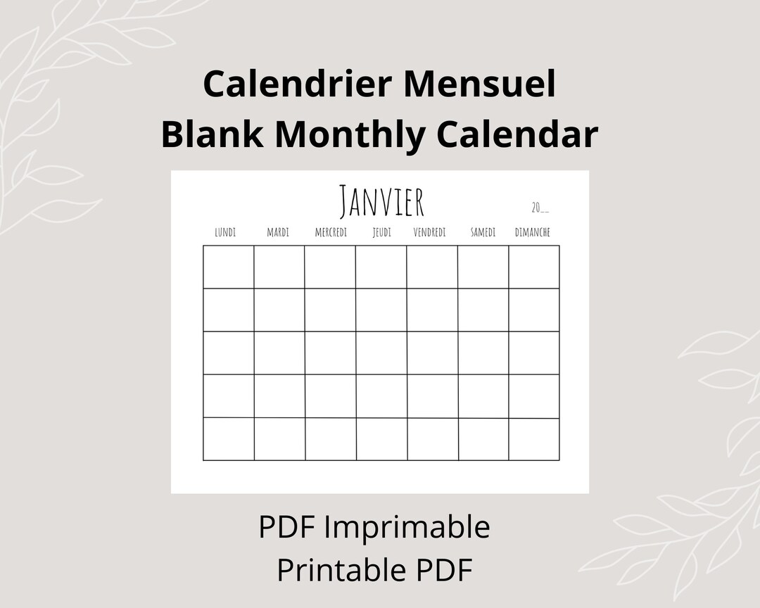 Calendrier Mensuel, Blank Monthly Calendar, French, Français, 11 X 8.5 ...