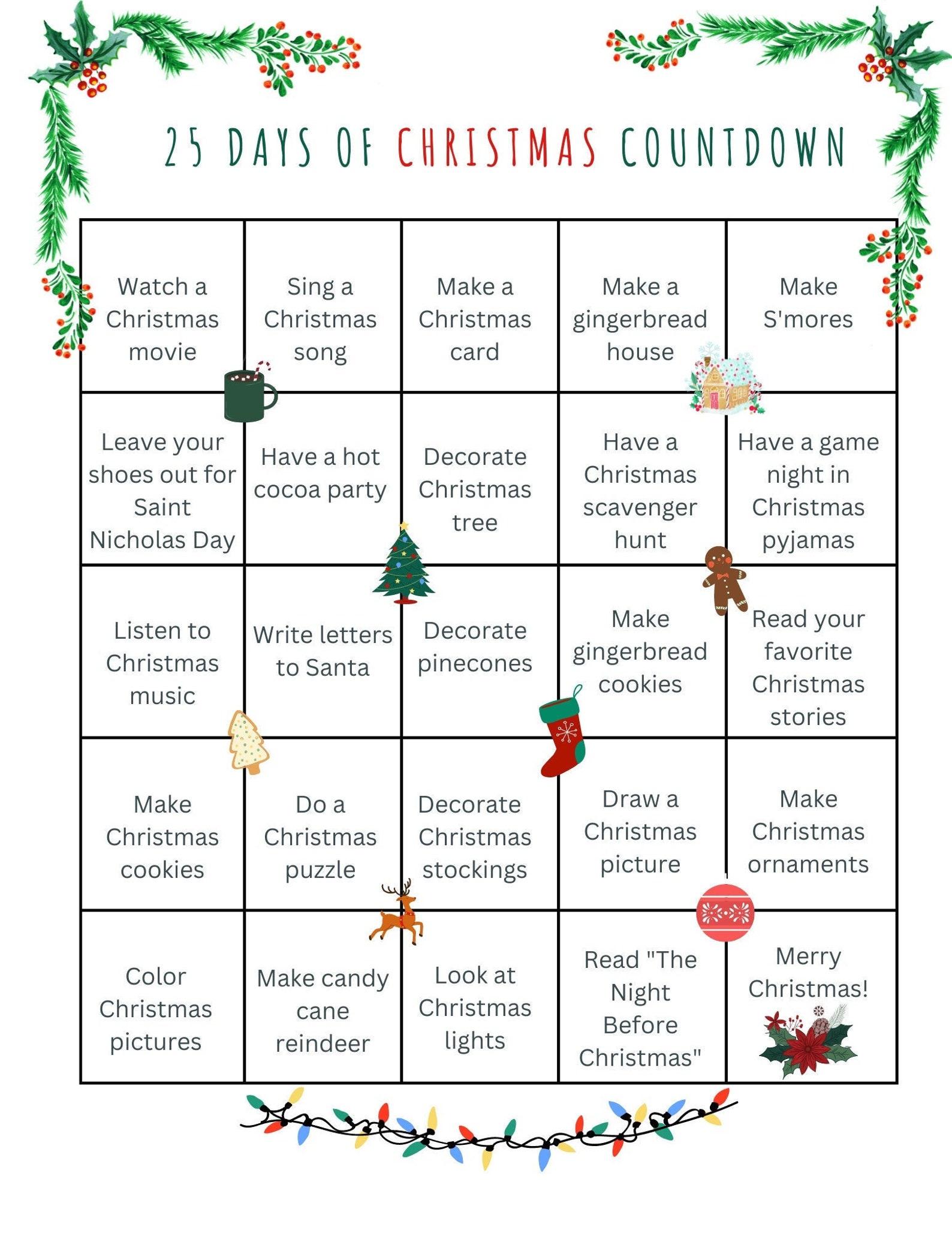Christmas Countdown Calendar, Advent Calendar, 25 Days of Christmas ...