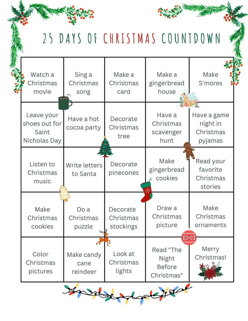 Christmas Countdown Calendar, Advent Calendar, 25 Days of Christmas ...