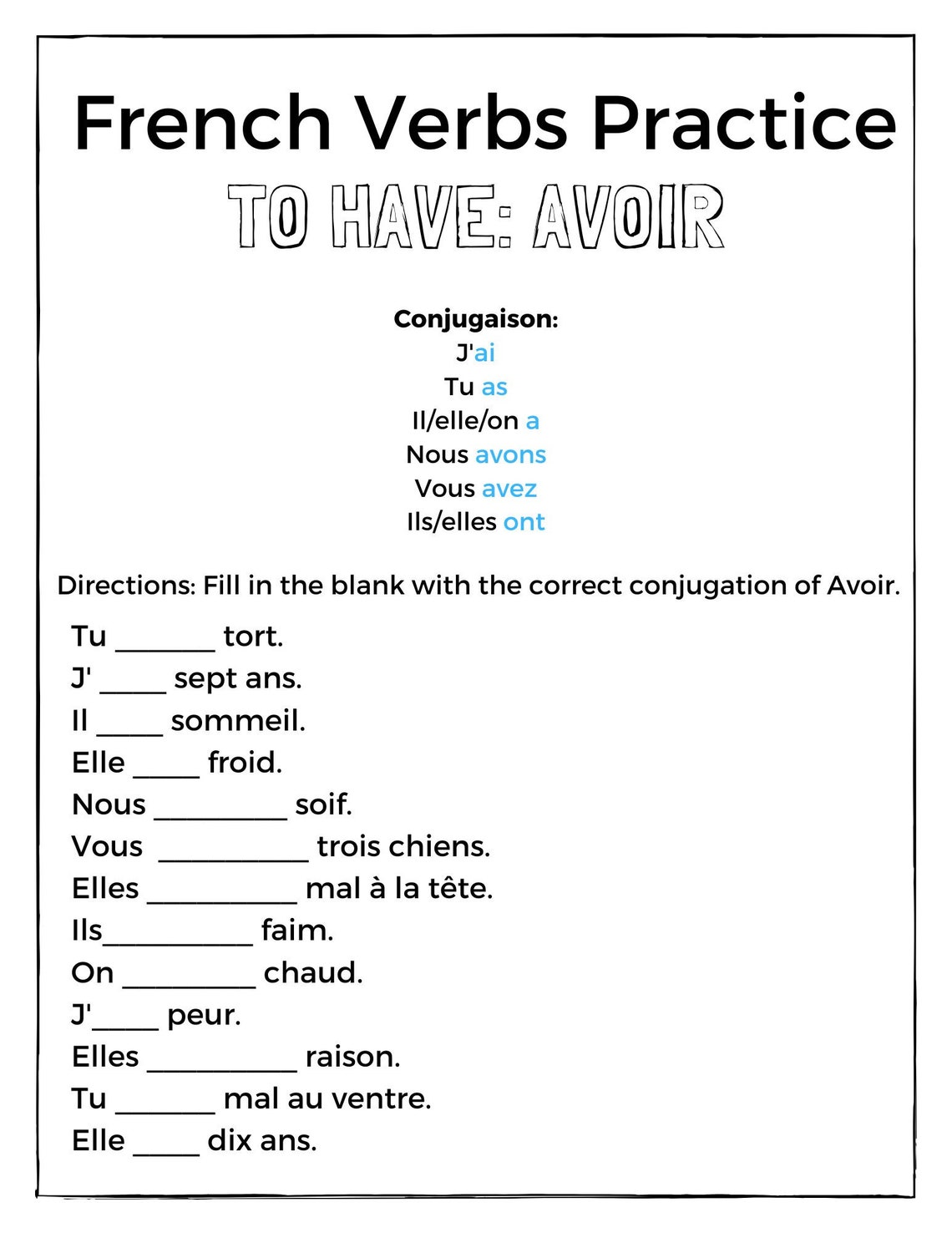 French Verbs Practice, Avoir, Printable - Etsy