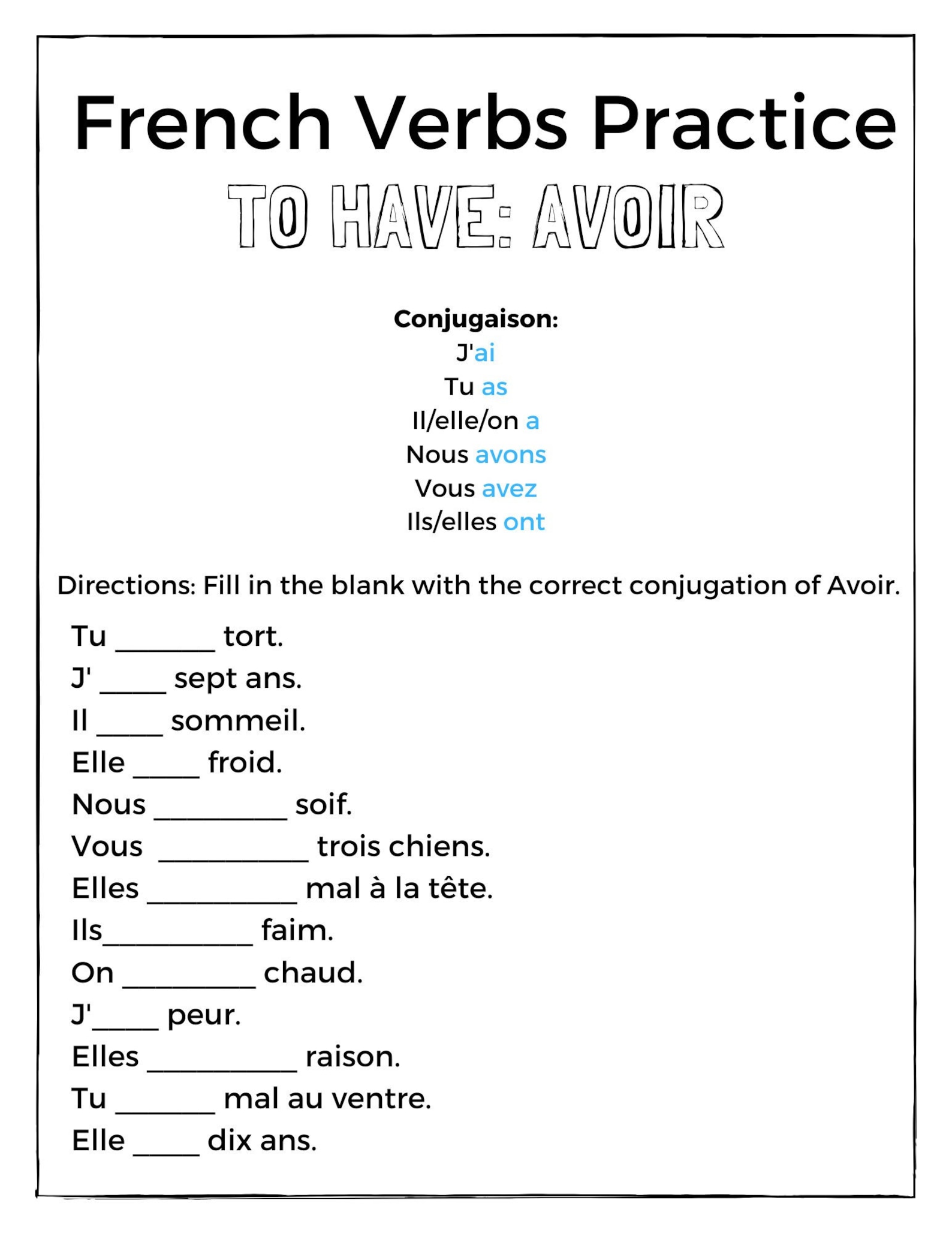 French Verbs Practice, Avoir, Printable - Etsy