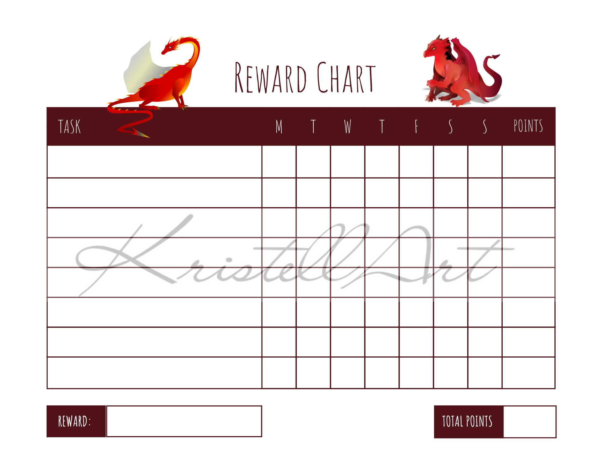 Printable Reward Chart, Blank Behavior Chart, Dragon, Digital Download ...