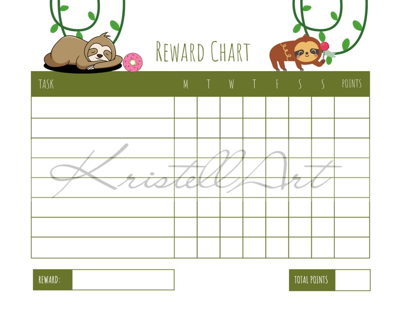 Printable Reward Chart, Blank Behavior Chart, Sloth, Digital Download ...