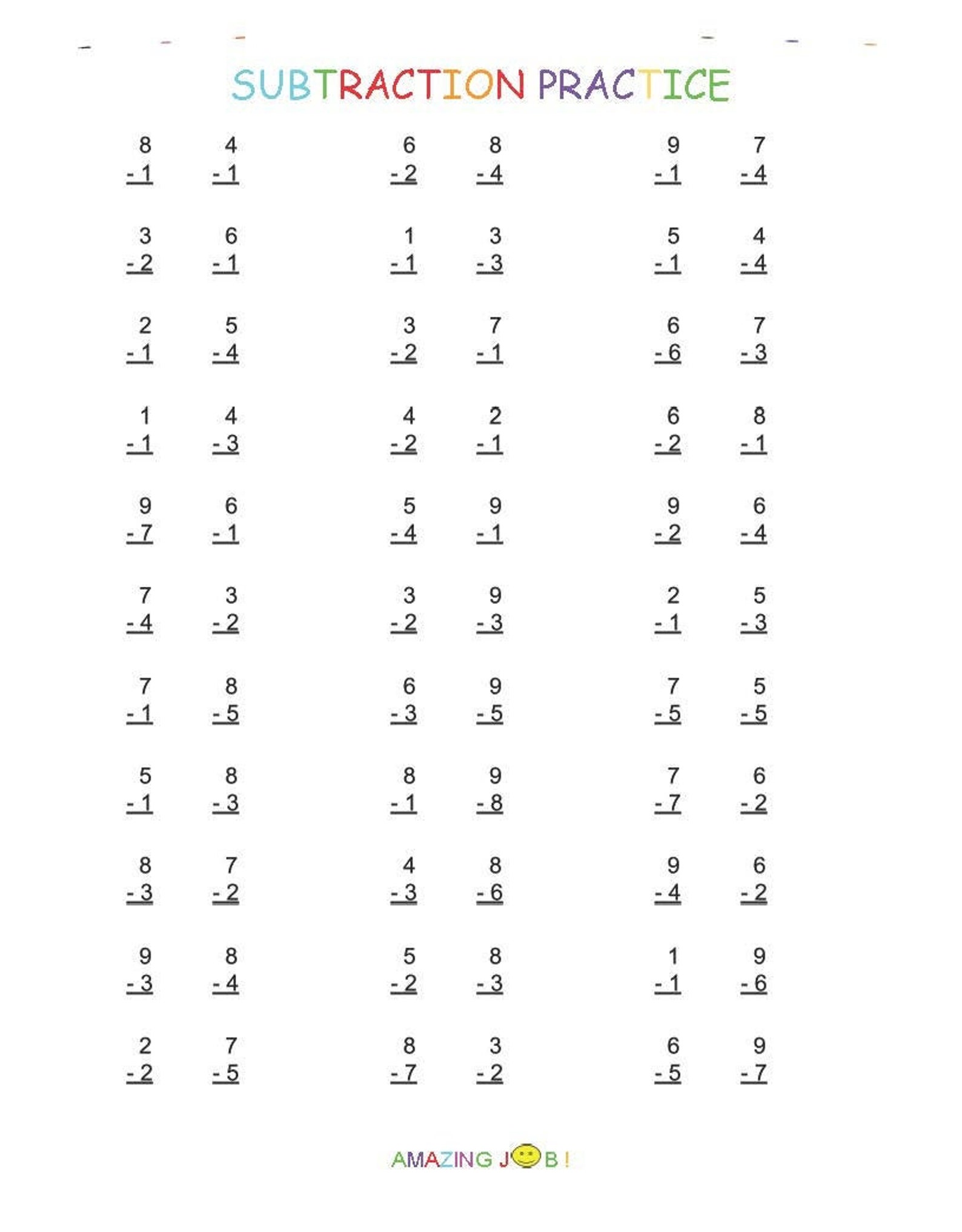 Printable Subtraction Practice Worksheet, Digital Download - Etsy